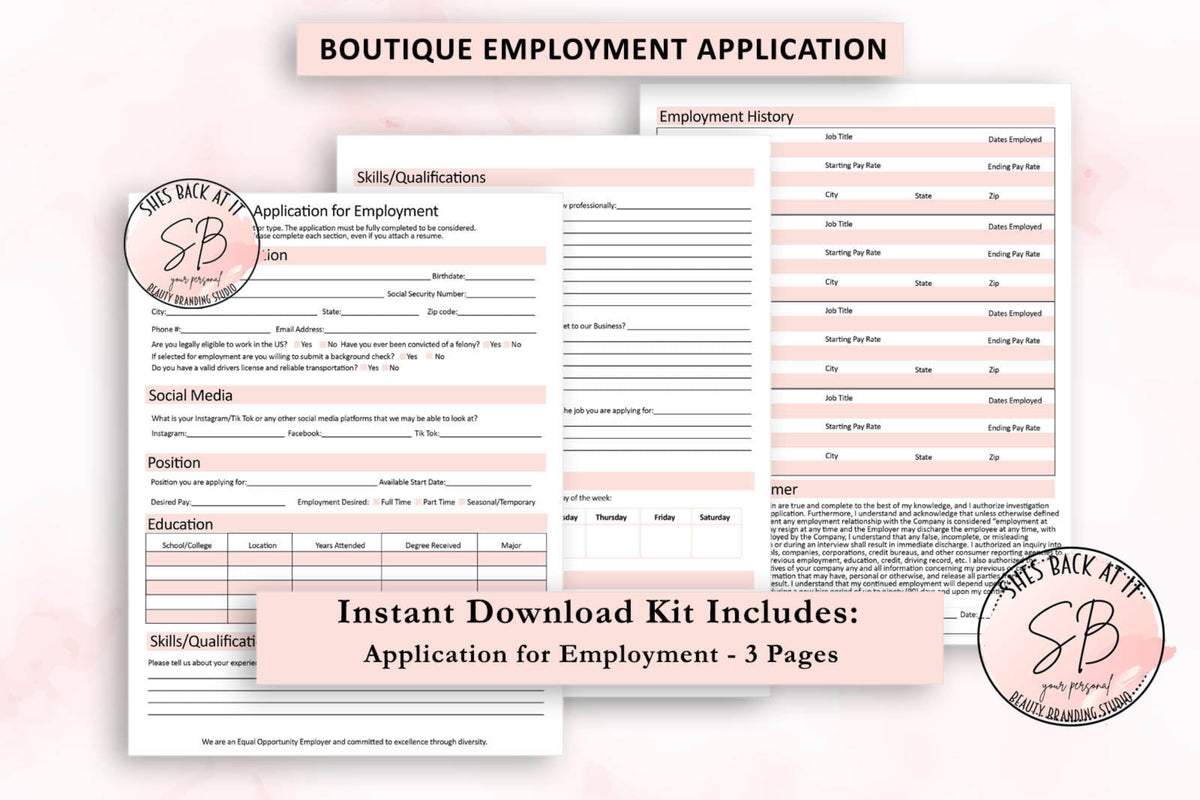 Boutique Employment Application | ShesBackAtIt | Printable Spa, Salon ...