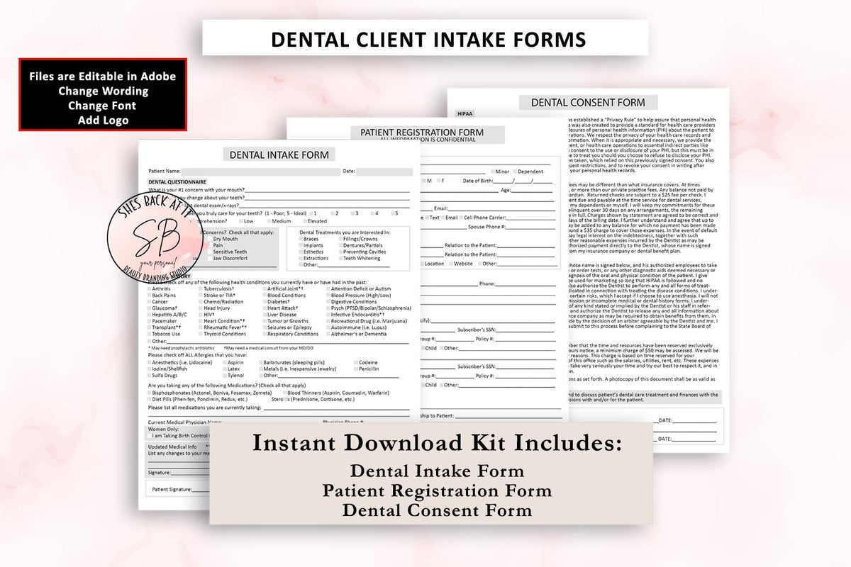 Dental Client Intake Forms | ShesBackAtIt | Printable Spa, Salon and ...