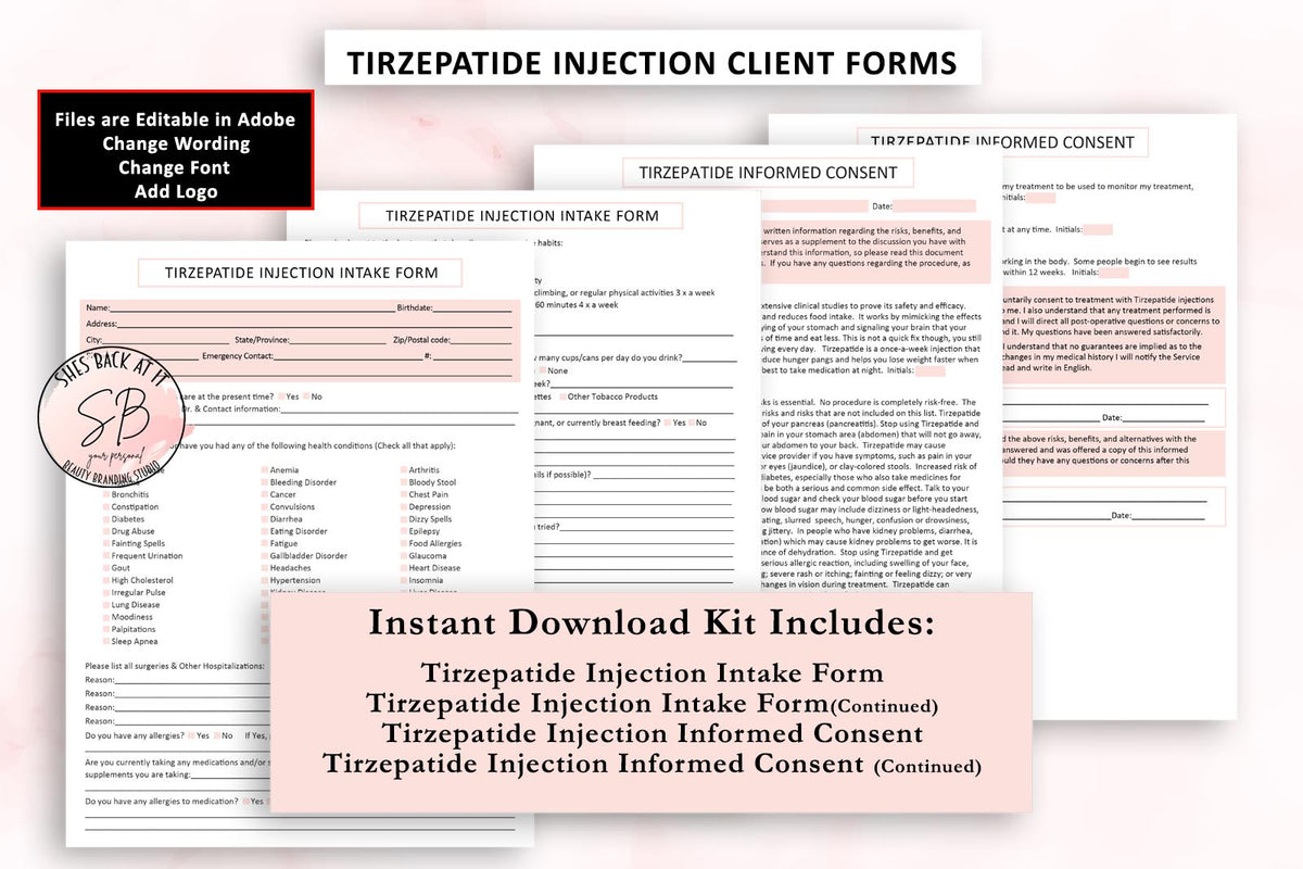 Tirzepatide Injection Intake Form | ShesBackAtIt | Printable Spa, Salon ...