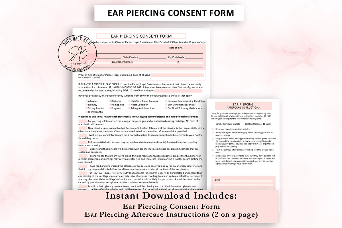 Ear Piercing Consent Form | ShesBackAtIt | Printable Spa, Salon and ...