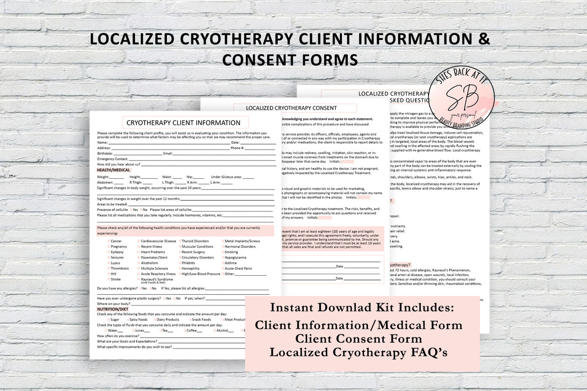 Cryotherapy Client Forms | ShesBackAtIt | Printable Spa, Salon and ...