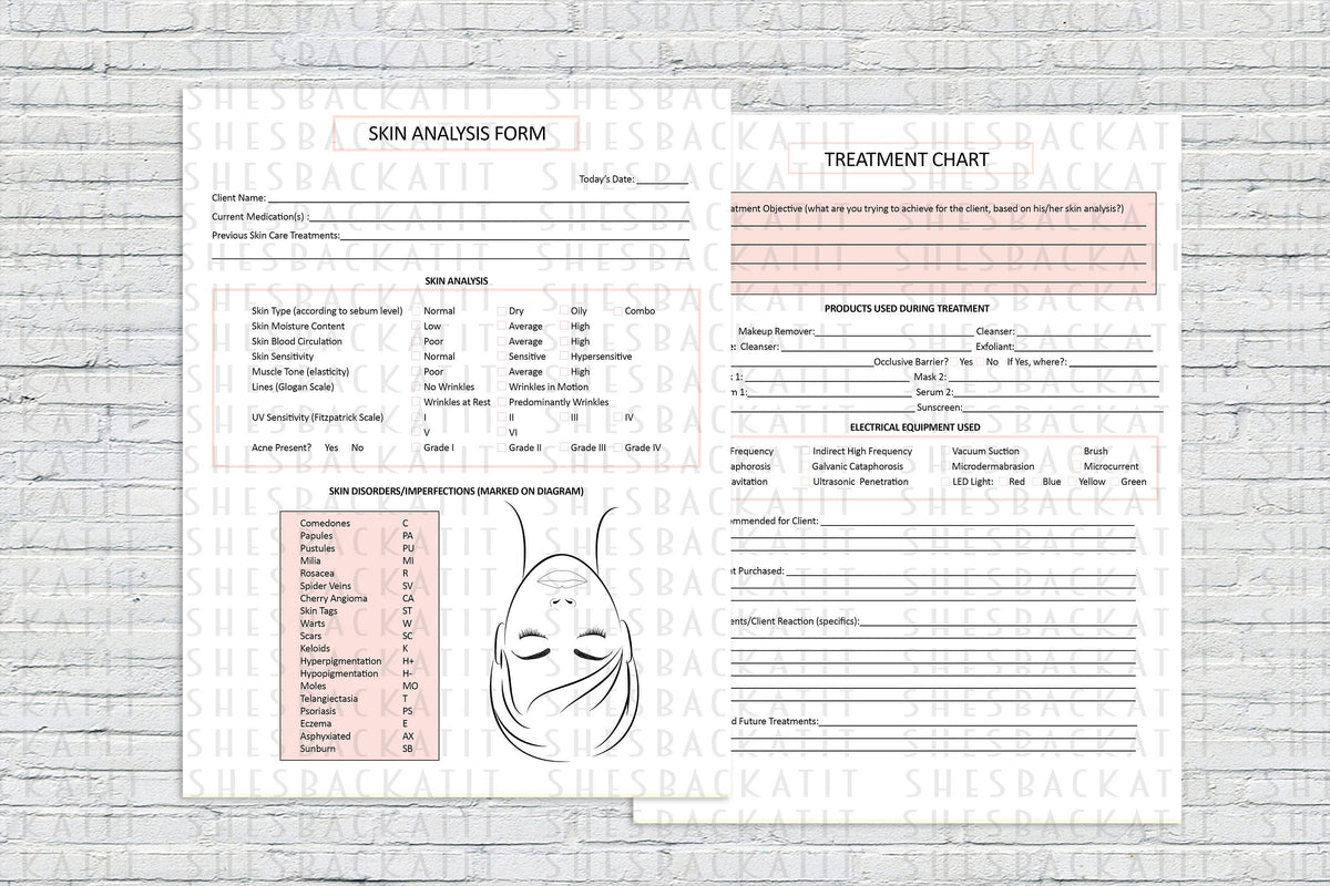 Skin Analysis & Treatment Chart | ShesBackAtIt | Printable Spa, Salon ...